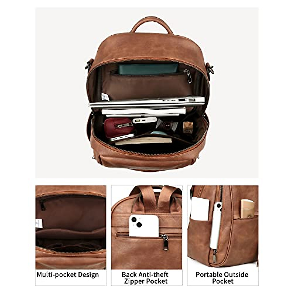 FADEON Leather Laptop Backpack Purse for Women Laptop Backpacks, Designer Mutiple Pockets Ladies Shoulder Bags Brown