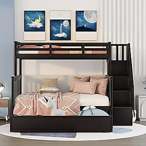 Harper & Bright Designs Twin Over Full Bunk Beds with Twin Size Trundle and Stairs, Wooden Bunk Bed with Storage & Guard Rail for Bedroom, Dorm, for Teens, Adults, Espresso