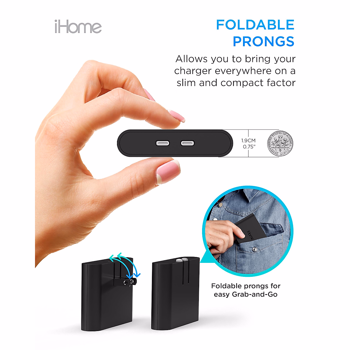 iHome Multiport USB-C Charger : AC Pro 2-Port Flat USB C Charger Block, Double USB C Wall Charger, Fast Charging Compatible USB-C Wall Charger (Black)