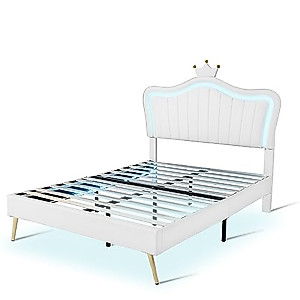 LED Full Bed Frame, Upholstered Platform Bed with Crown Headboard, Modern Faux Leather Princess Beds with Light for Kids Girls Boys Teens, No Box Spring Needed, White