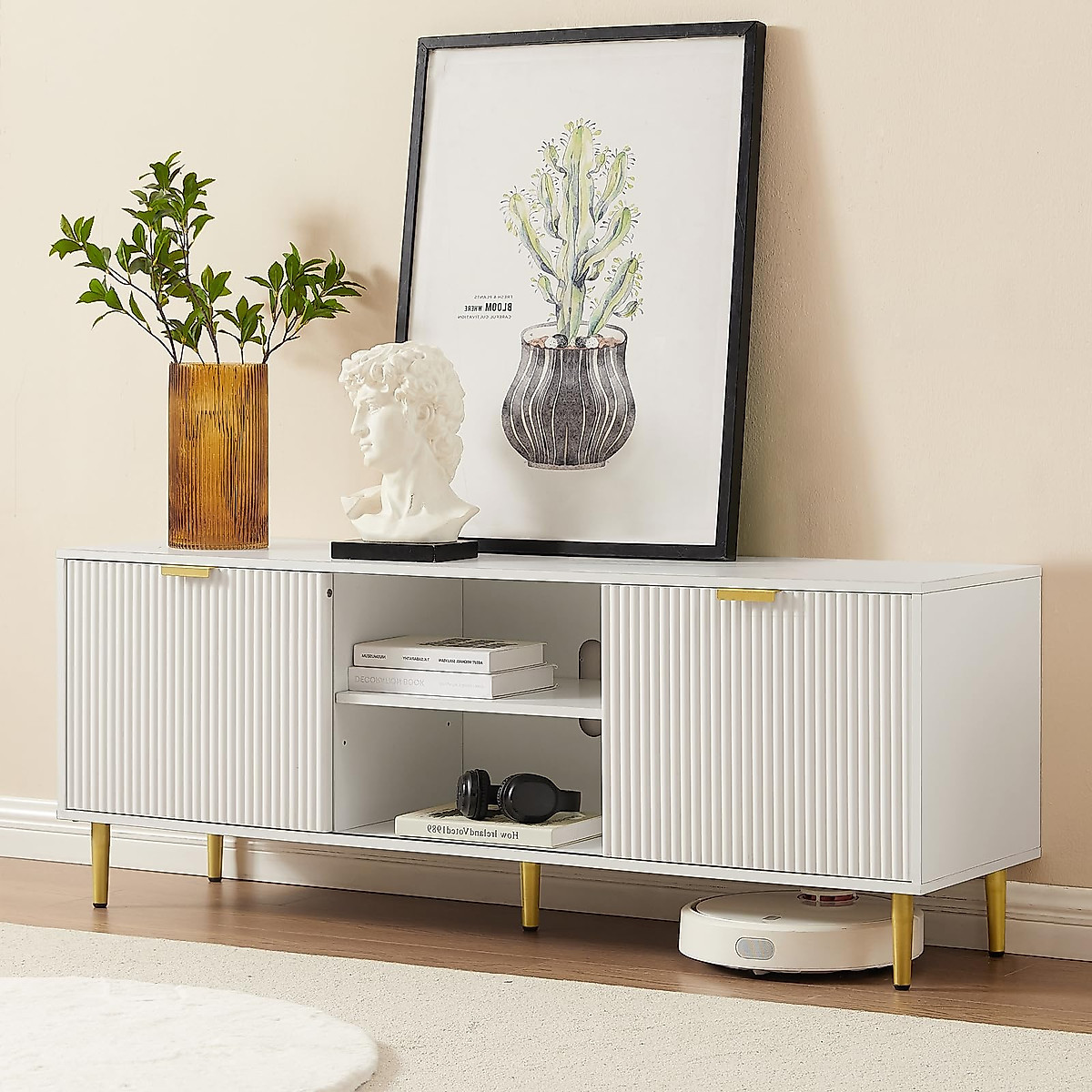 Okvnbjk TV Stand for 65+ Inch TV, Modern Living Room Entertainment Center with Storage Cabinets, Waveform Panel Wood Media Console with Ajustable Shelves & Cable Management for Bedroom, White