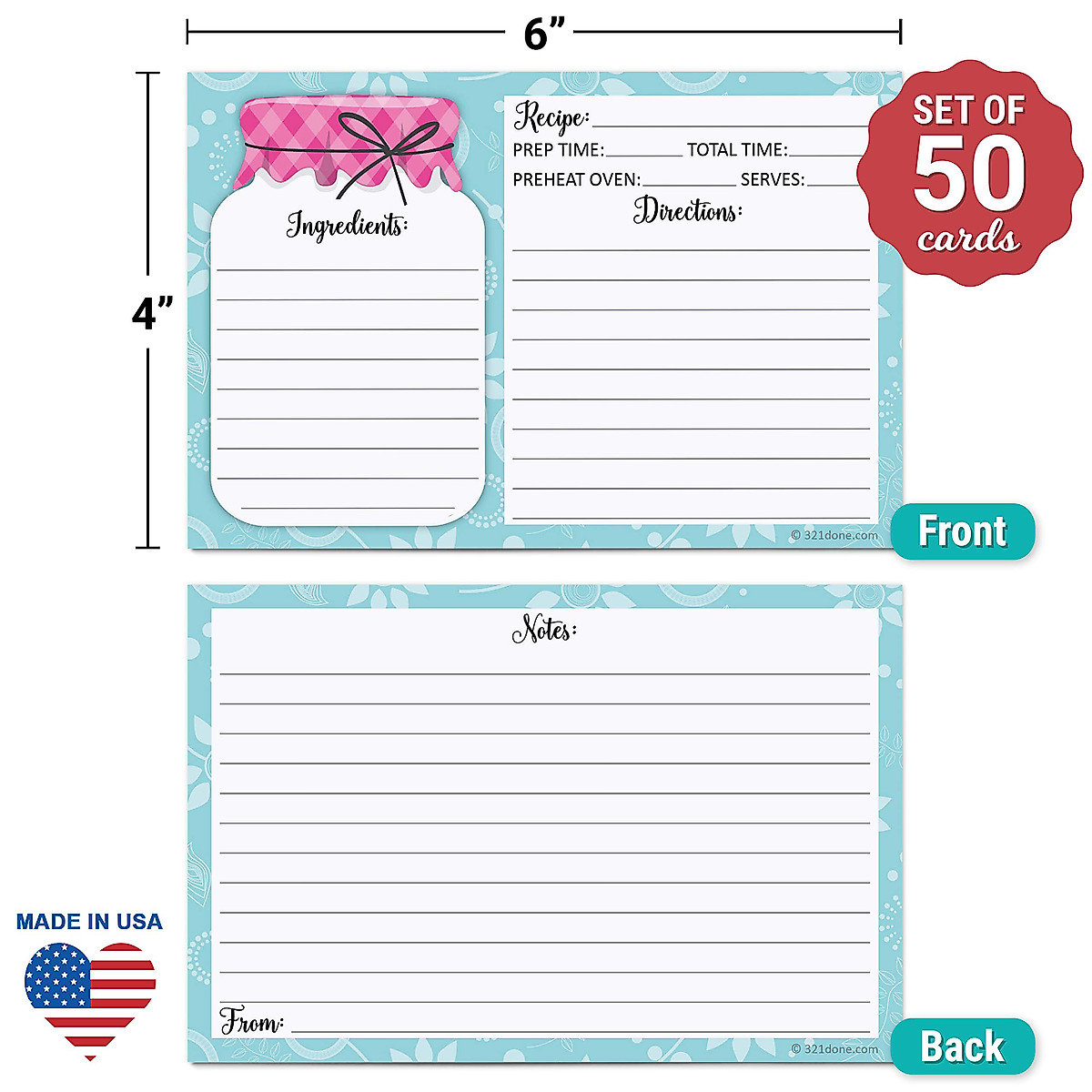 321Done 4x6 Recipe Cards (Set of 50) - Mason Jar - Thick Double Sided Premium Card Stock - Made in USA - Rustic Pink and Teal, Large Notes From