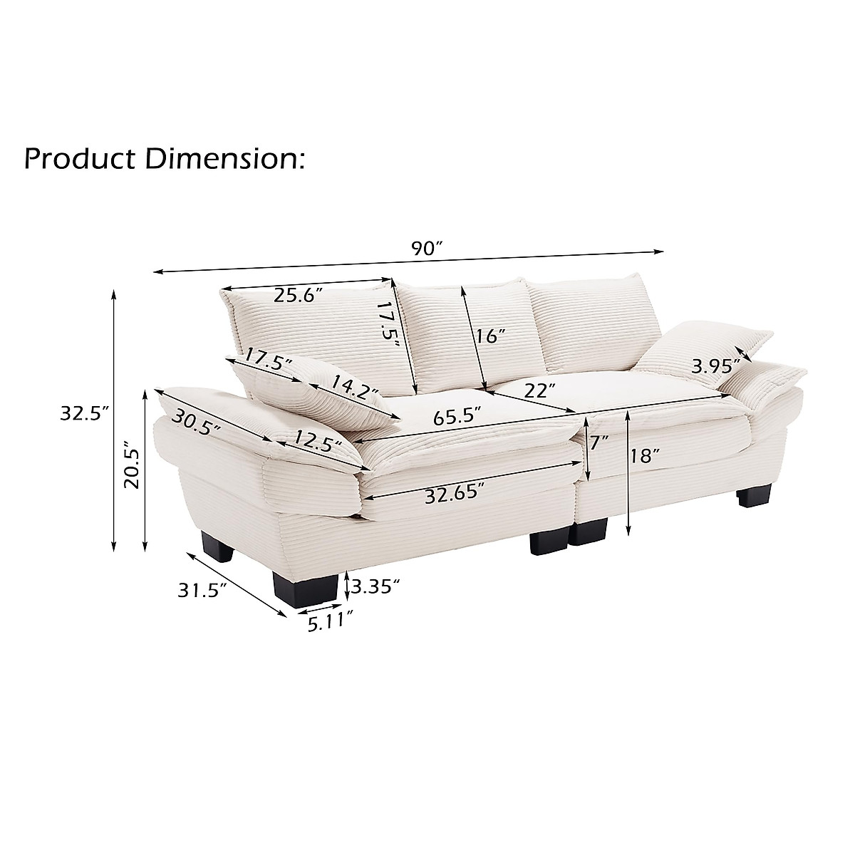 Aeffze Oversized Loveseat Sofa, 90" Modern Loveseat Couch 2 Seater Upholstered Sectional Sofa with Pillows, Deep Seat Comfy Corduroy Sofa Couch for Living Room Bedroom Apartment (Beige)