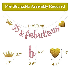 35 & fabulous Banner, Pre-Strung, No Assembly Required, Funny Rose Gold Paper Glitter Party Decorations for 35th Birthday Party Supplies, Letters Rose Gold,ABCpartyland