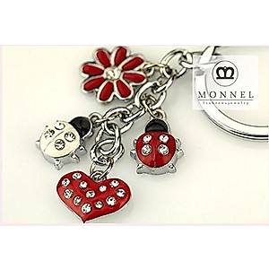 Z395E MONNEL Crystal Red Style Ladybug Heart Lily Charms Key Ring Keychain