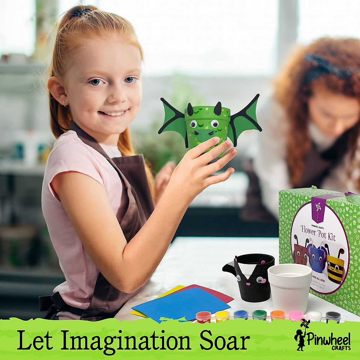 Pinwheel Crafts Flower Pot Kit - Set Comes with 3 Planters, 8 Paints, 2 Brushes & Much More - Paint Your Own Pot Set Garden Kit for Kids - Arts and Crafts for Kids Ages 4-8 (Original)