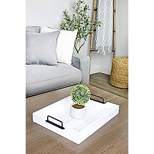 AuldHome Rustic Wood Serving Tray; White Wooden Farmhouse Shiplap Decorative Ottoman Tray with Black Metal Handles, 17 x 13 Inches