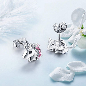 925 Sterling Silver Unicorn Gift Cute Cz Unicorn Stud Earrings Jewelry for Women Girls Kids Children Daughter Gift (Pink)
