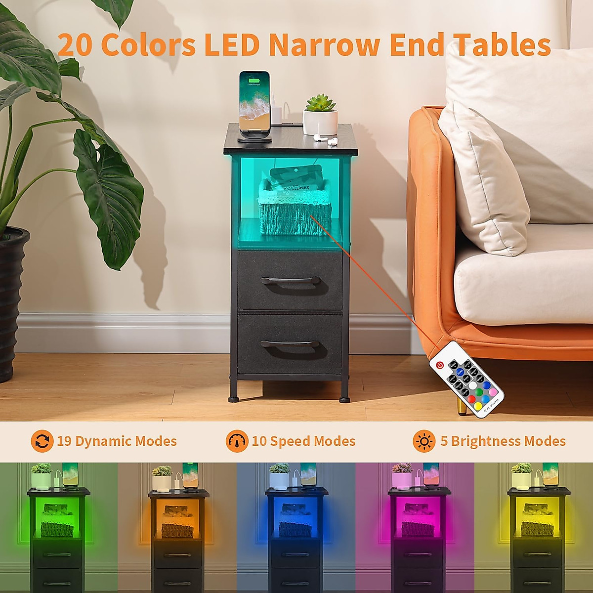 LAKEMID Narrow Side Table Set 2 with LED Light and USB C Port, Night Stand with Charging Station, Skinny End Table with 2 Fabric Drawers, for Bedroom, Living Room, Black