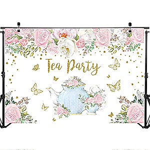 Mocsicka Tea Party Backdrop 7x5ft Princess Wonderland Floral Birthday Baby Shower Photo Backdrops Let's Partea Gold Butterfly Tea Time Photography Background