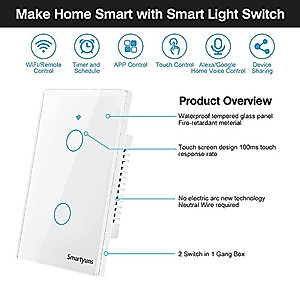 Smartyuns WiFi Smart Wall Light Switch White, Tempered Glass Panel Touch Light Switch 2 Gang Switch for 1 Gang Wall Box, Timer Function, Wireless Lighting Control (2 Gang Light Switch White)