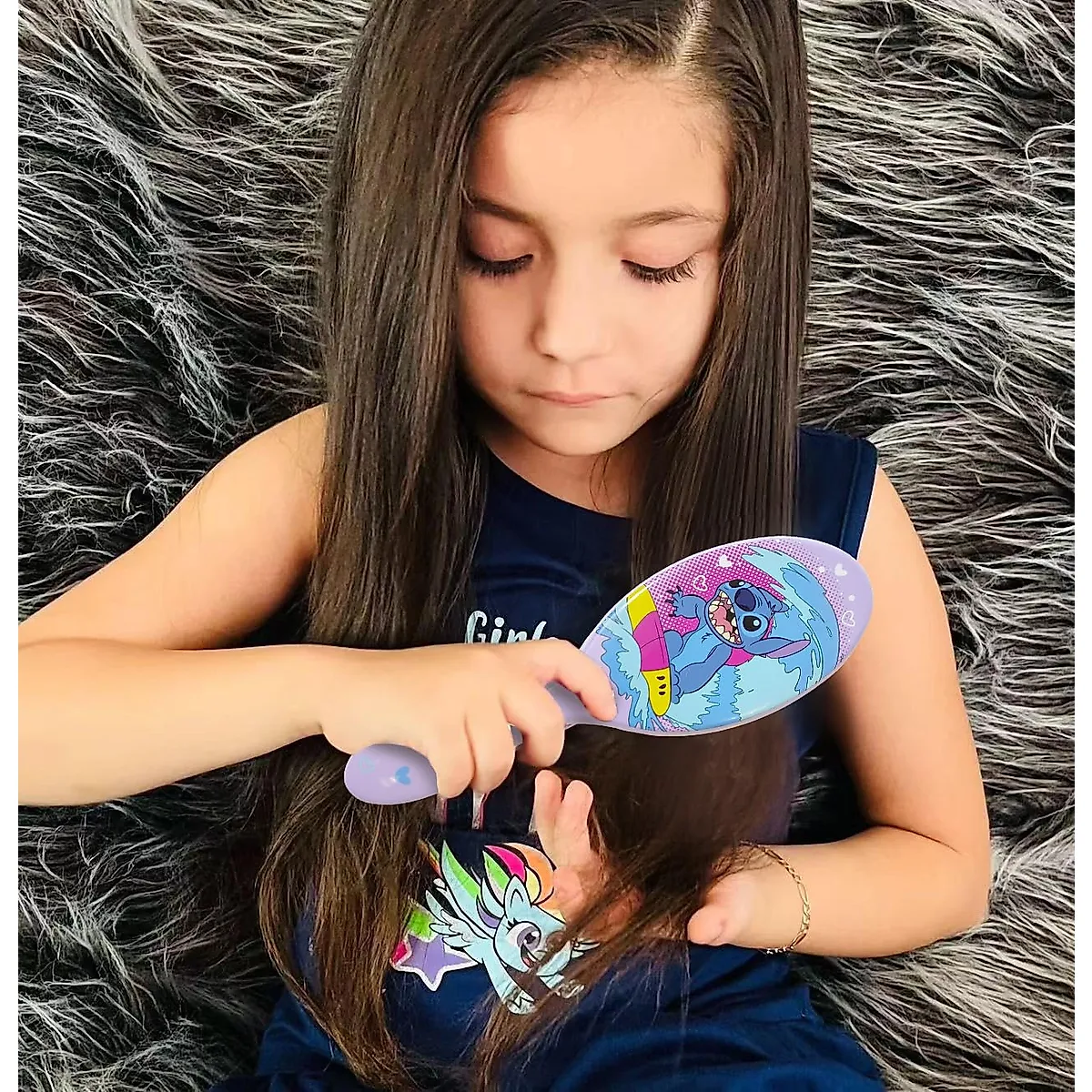 Stitch Hair Accessory 5 Pcs Set - 1 Regular 9 inch Stitch Hairbrush & 4 Scrunchies - Detangling Brush - Elastic Hair Ties Ropes for Girls, Ages 3+