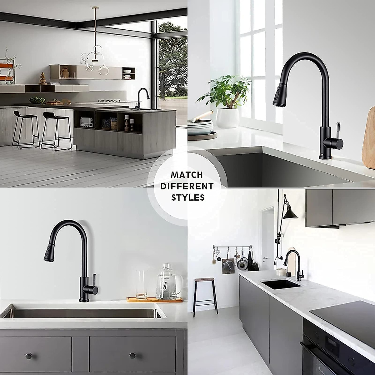 GUUKAR Black Kitchen Faucet with Pull Down Sprayer Matte Black Stainless Steel Kitchen Sink Faucet 360 Degree Swivel with Deck Plate
