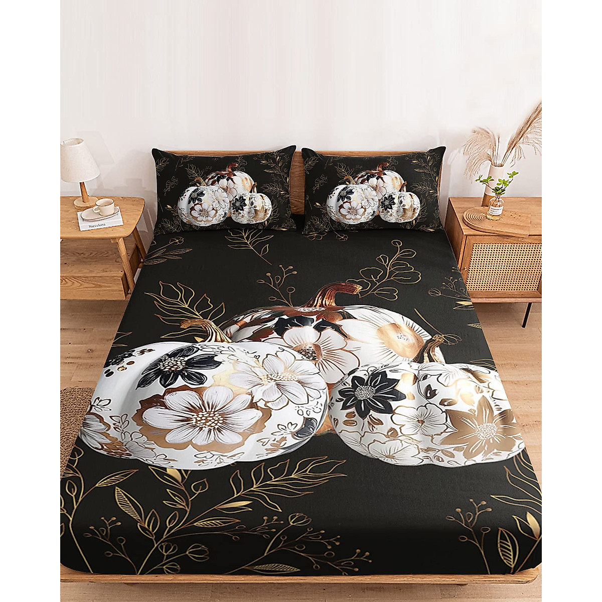 Bedding Full Size Fitted Sheets Fit 5"-16" Deep Pocket Mattress,Flower Sketch Oil Painting Pumpkin Soft Bottom Sheet Autumn Gold Leaves on Black Fitted Sheet Bed Set with Pillow Case