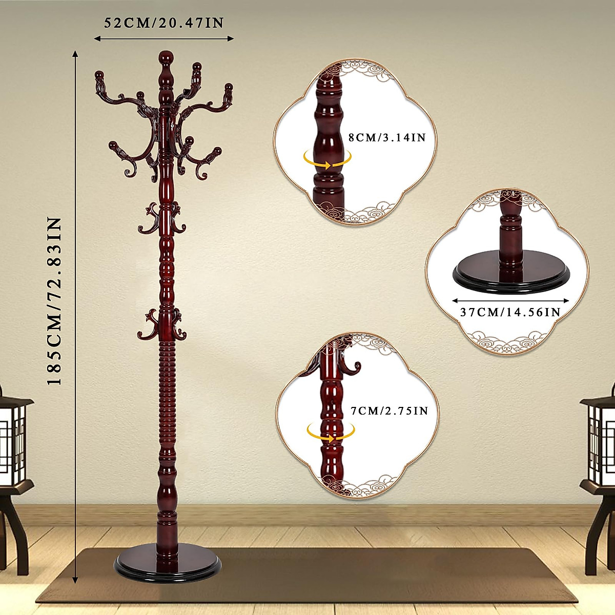 RUFXIEZW Coat Rack Freestanding, Wooden Tree Coat Rack Stand with 3 Adjustable Sizes Coat Tree and 14 Hooks, Sturdy Hall Tree with Solid Round Base for Entryway, Hallway, Bedroom (Reddish brown)