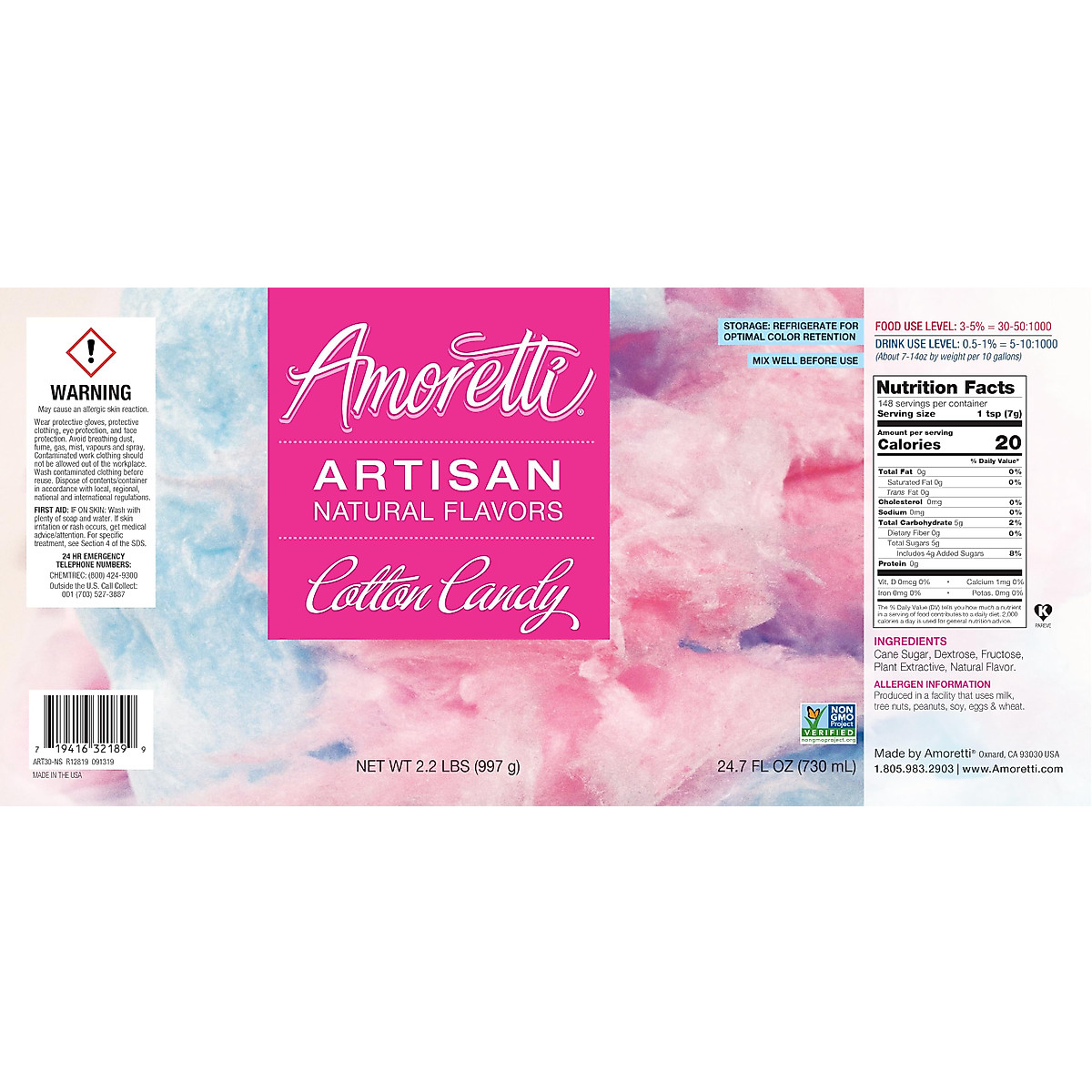 Amoretti - Natural Cotton Candy Artisan Flavor Paste 8 oz - Perfect For Pastry, Savory, Brewing, and more, Preservative Free, Gluten Free, Kosher Pareve, No Artificial Sweeteners, Highly Concentrated