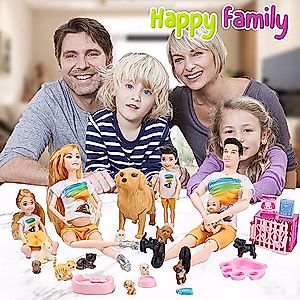 Family Dolls Set of 6 People with Dollhouse Pets Included Pregnant Mom Dad 3 Kids and Baby Boy in Mommy's Tummy, Doll Playsets and Accessories for 3-12 Years Old Toddlers Gift