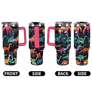 LLUTSNTH 40 Oz Vacuum Tumbler with Light Rose Red Handle Leakproof Insulated Tumbler Colorful Dinosaurs Stainless Steel Travel Mug with Lid And Straw Coffee Cup Cute Water Bottles Cup Holder Friendly