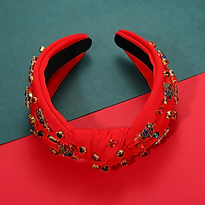 Jeweled Christmas Tree Headband with Embellished Crystals and Pearls - Wide Top Knot Knotted Headbands for Women, Holiday Hair Accessories and Outfits Gift