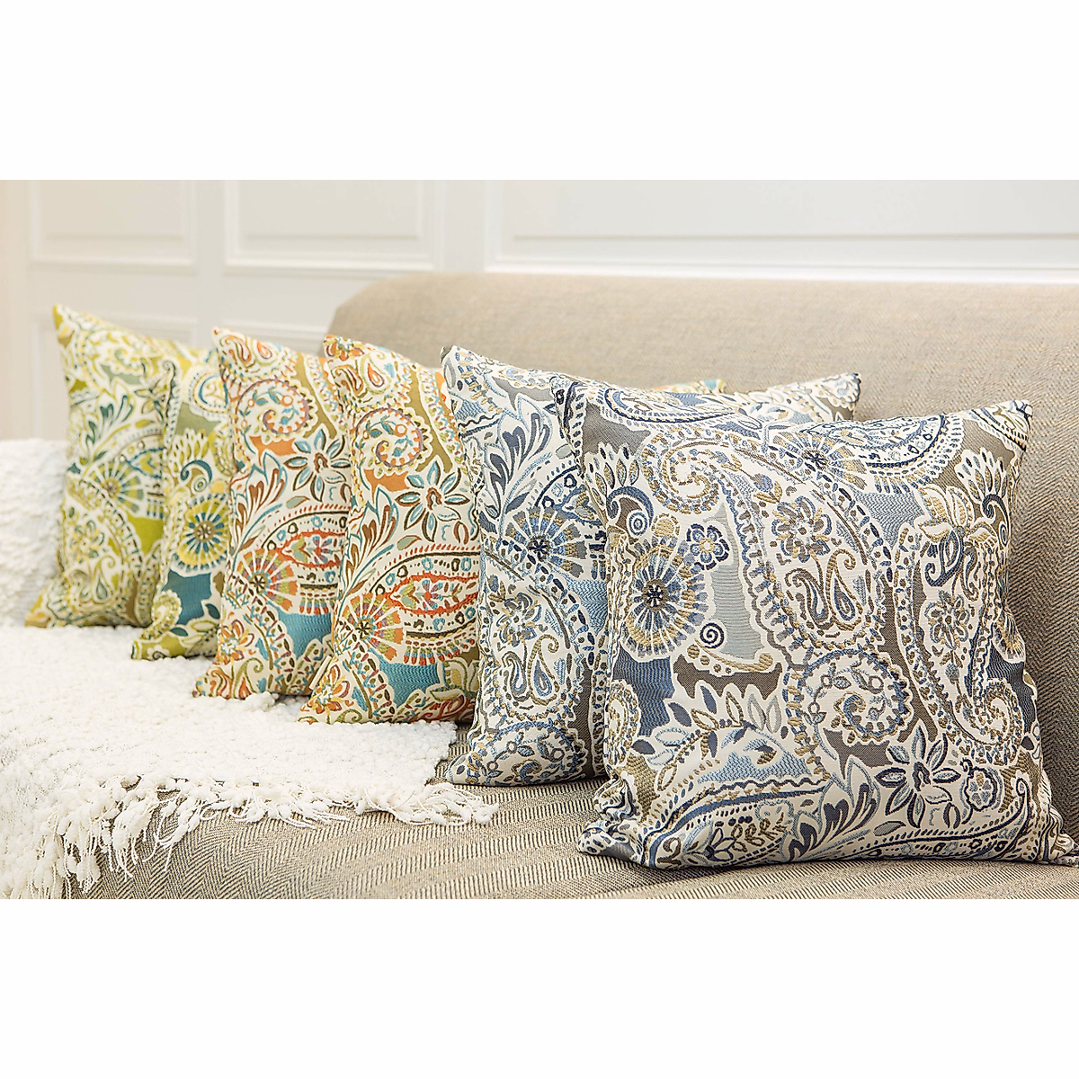 Mika Home Pack of 2 Decorative Pillow Covers Throw Pillow Cases,Paisley Pattern,18X18 Inches,Blue Brown Cream Multicolor