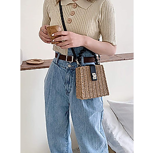 QZUnique Straw Bucket Bags for Women Top Handle Drawstring Woven Handbag Shoulder Bag Summer Beach Purses with Bamboo Handle