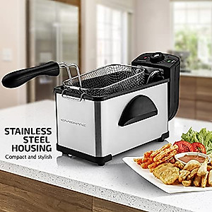 Ovente Electric Deep Fryer 2 Liter Capacity, 1500W with Lid, Viewing Window, Adjustable Temperature Knob and Stainless Steel Frying Basket Perfect for Fried Chicken, Nuggets & Fries, Silver FDM2201BR