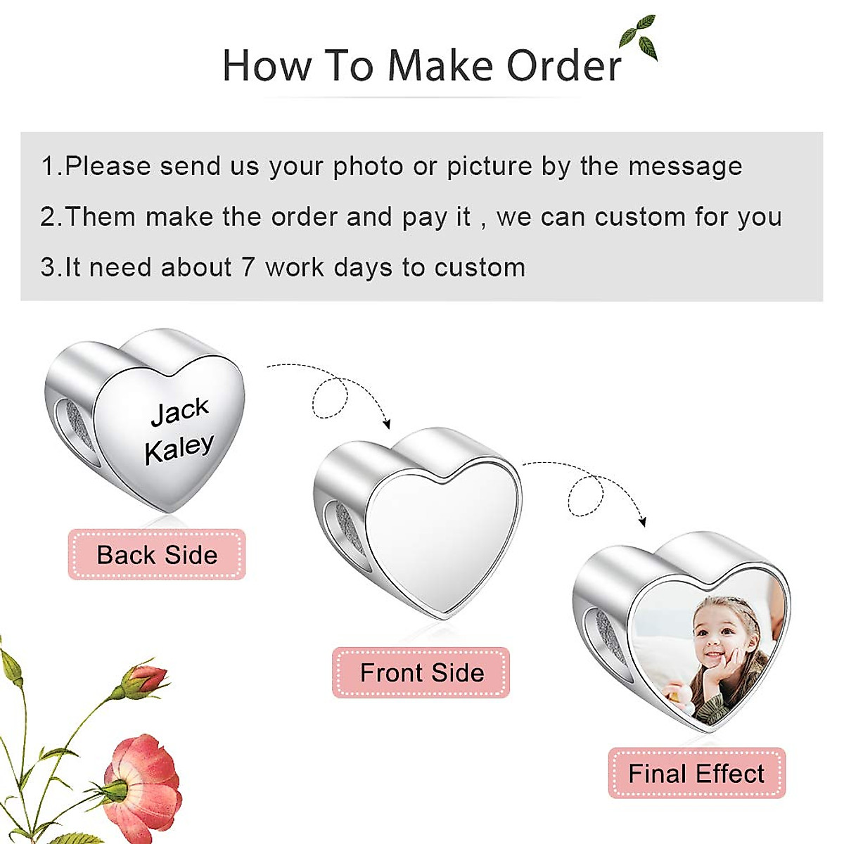 kaululu Custom Photo Charm 925 Sterling Silver Bead Personalized Heart Bead for Women Girls with Loved Heart Charms Beads Fit Women Bracelet Necklace Personalized Gift for Mother Daughter Girlfriend