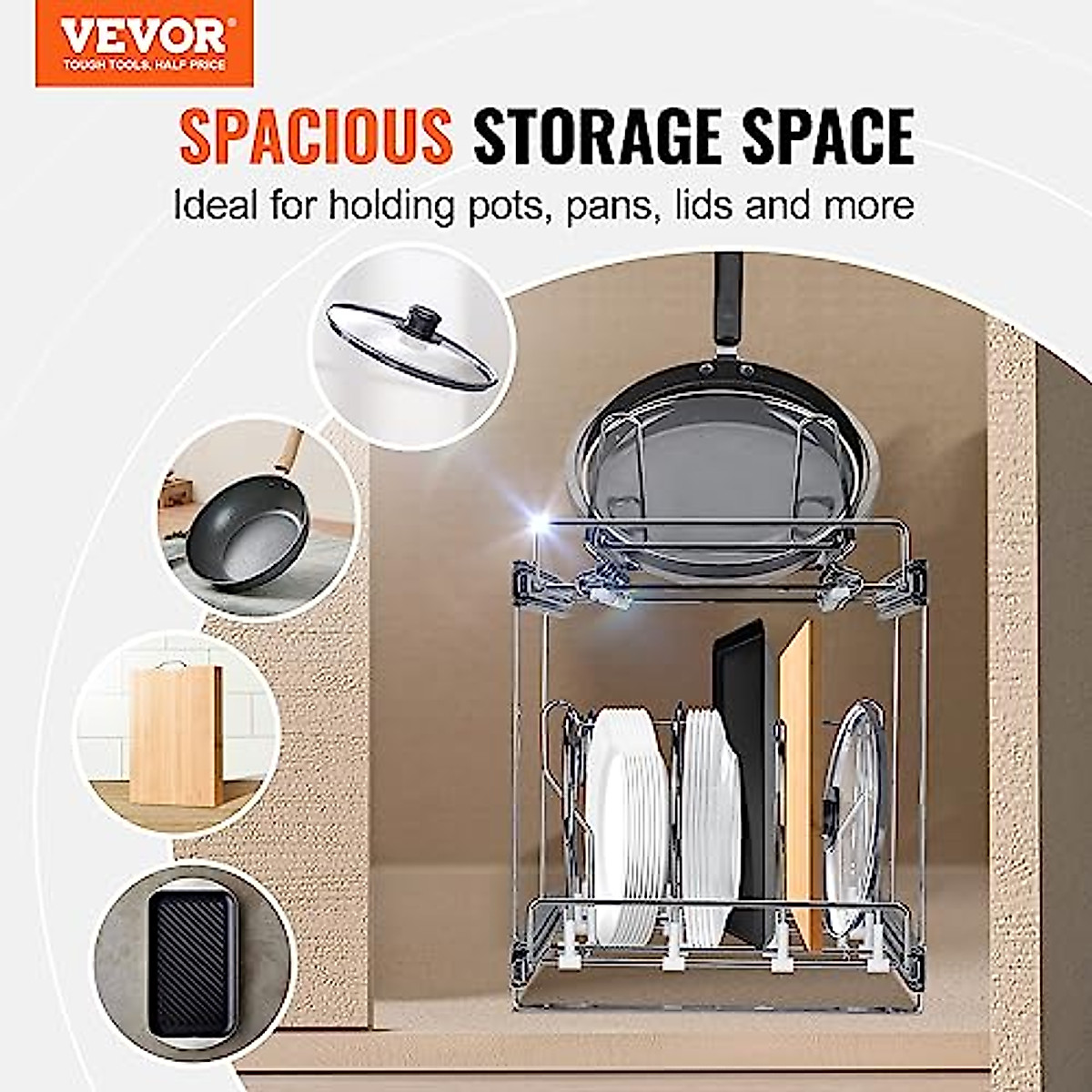 VEVOR Pan and Pot Rack, 2-Tier Expandable Pull Out Under Cabinet Organizer, 12"W, Carbon Steel, Double Tier