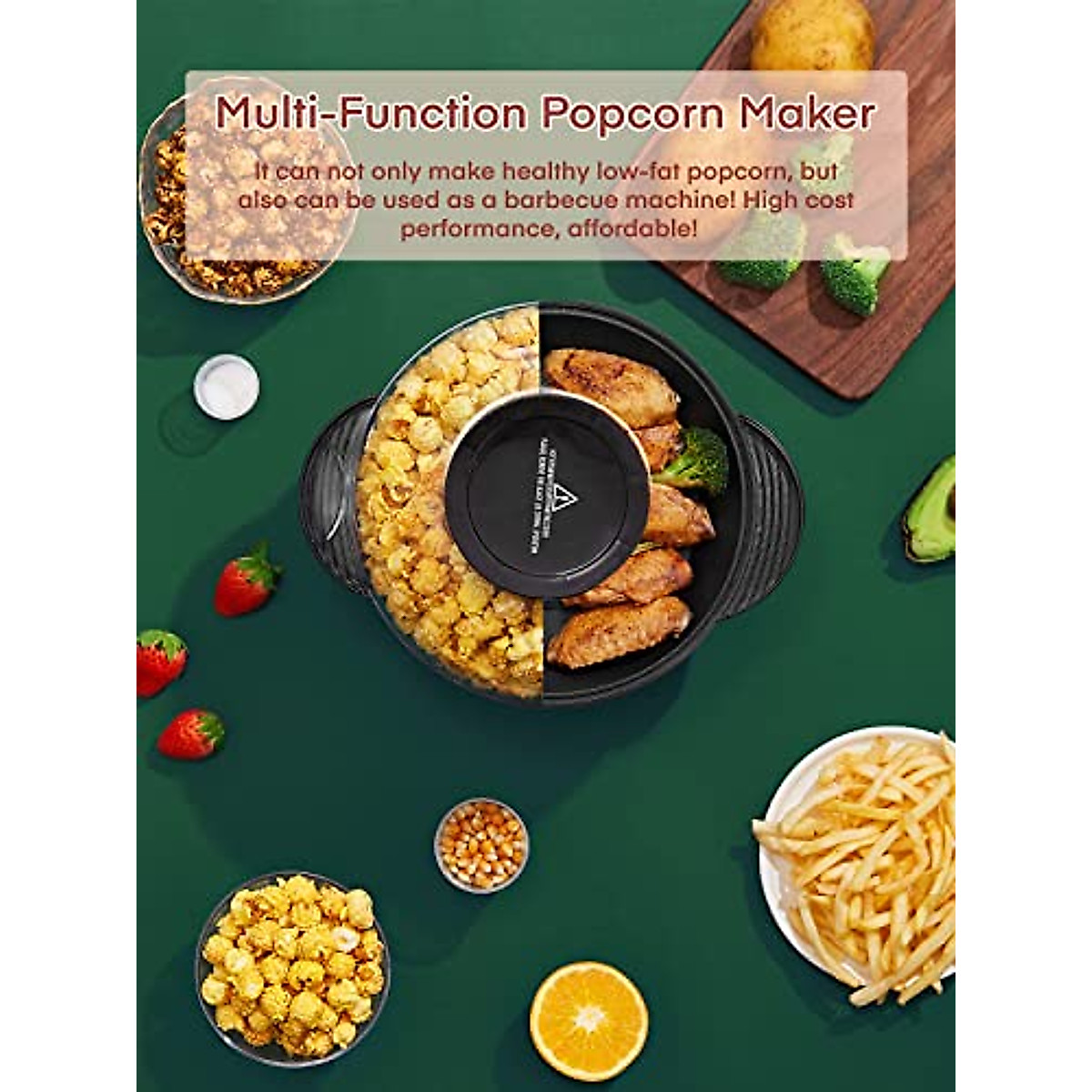 Popcorn Machine, 2-in-1 Automatic Stirring Hot Oil Popcorn Popper Maker & Grill Machine, Large Lid for Serving Bowl, 2 Measuring Spoons, Cleaning Brush, for Movie Night Kids Party Healthy Snacks