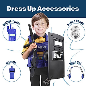 Ultimate All-in-One Kids Police Role Play Toy Kit - 15-Piece Policeman Pretend Play Set for Kids - SWAT Accessories for Dress Up Costumes - Badge, Shield, Vest, Handcuffs Included
