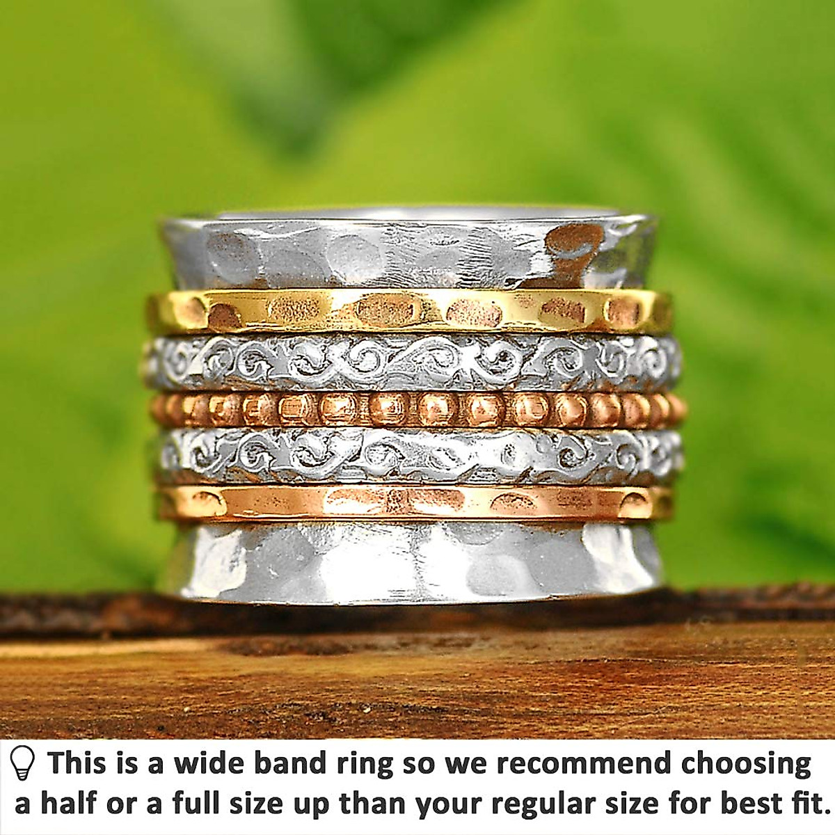 Boho-Magic Spinner Ring for Women 925 Sterling Silver with Copper and Brass Fidget Bands Wide (8)