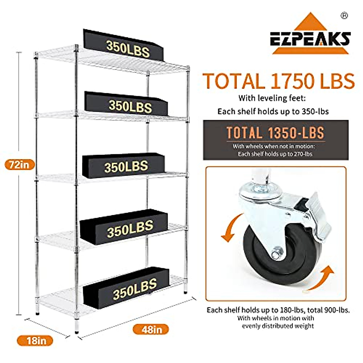 EzPeaks 5-Tier Chrome NSF Certified Storage Shelves, Heavy Duty Steel Wire Shelving Unit with Wheels and Adjustable Feet, Used as Pantry Shelf, Garage or Bakers Rack Kitchen Shelving (18"DX48"WX72"H)