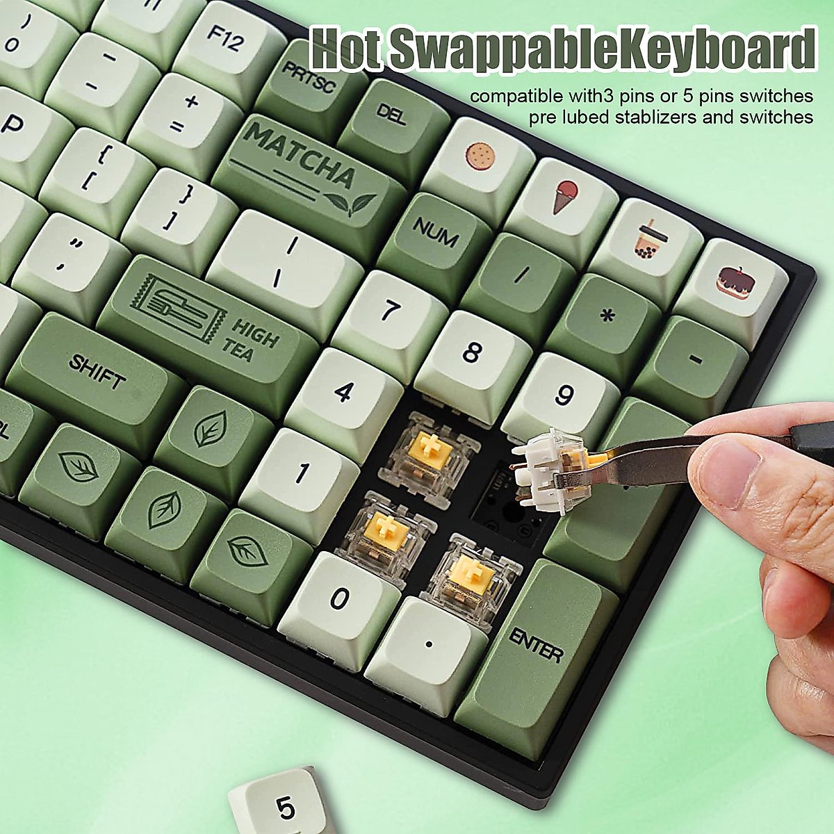 BOYI TK96 RGB Hot Swappable Wireless Matcha Keyboard,2.4Ghz/Bluetooth 5.0/Wired Keyboard N-Key Rollover Custom Gateron Yellow Switch Ergonomic Full Size Keyboard Green Gaming Keyboard