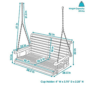 Sunnydaze Traditional Wooden Porch Swing - Hanging Outdoor Patio Wooden Bench - Porch and Patio Swing with Chains - Finished Wood Porch Swing - 2-Person Bench Swing - 58.5-Inch