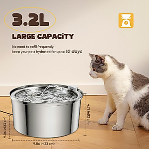 Zekory Cat Water Fountain, 108oz/3.2L Stainless Steel Automatic Dog Water Dispenser, Ultra-Quiet Pump for Cats Inside, Dogs, Multiple Pets with 3 Replacement Filters