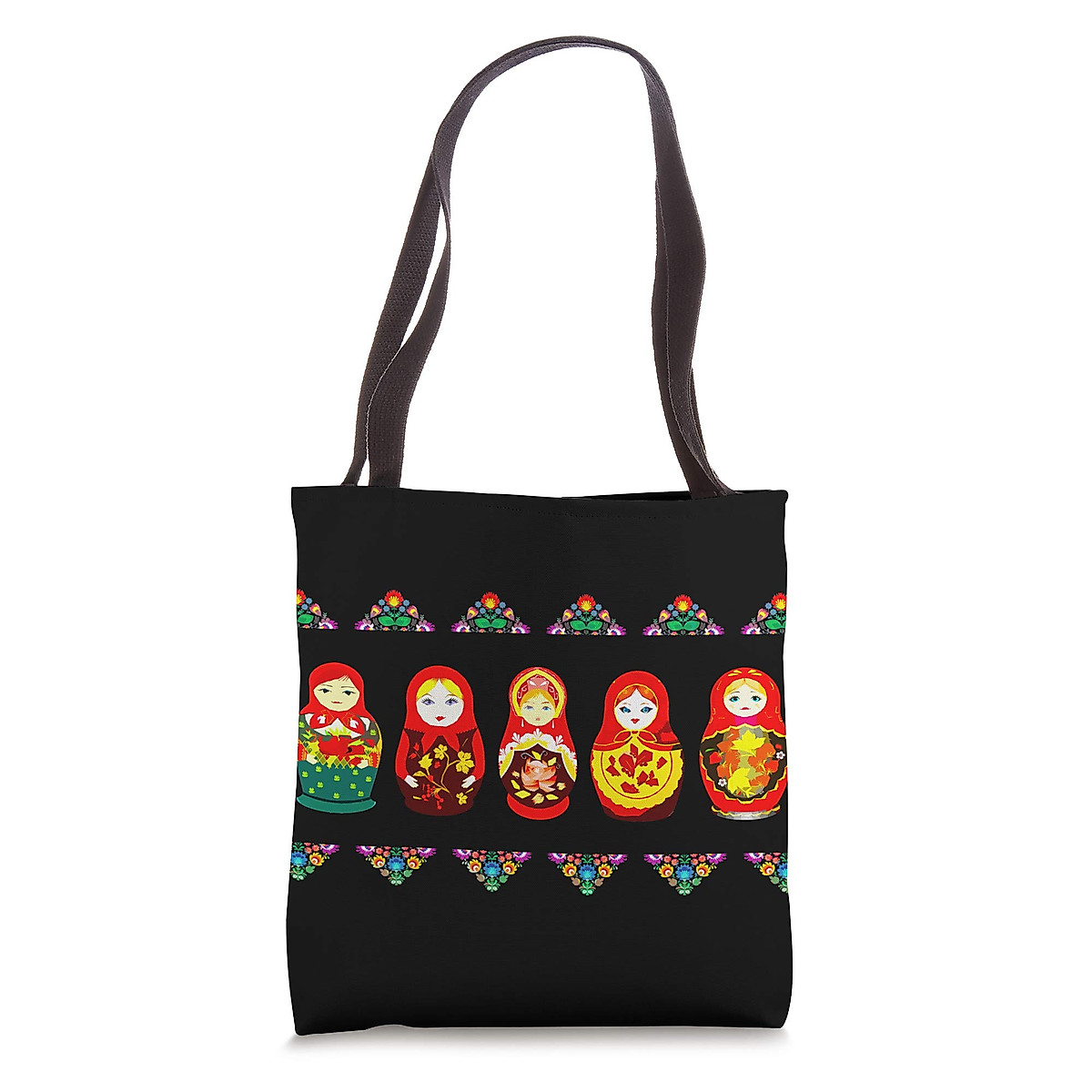 Russian Matryoshka Babushka Flowers Nesting Do Black Tote Bag