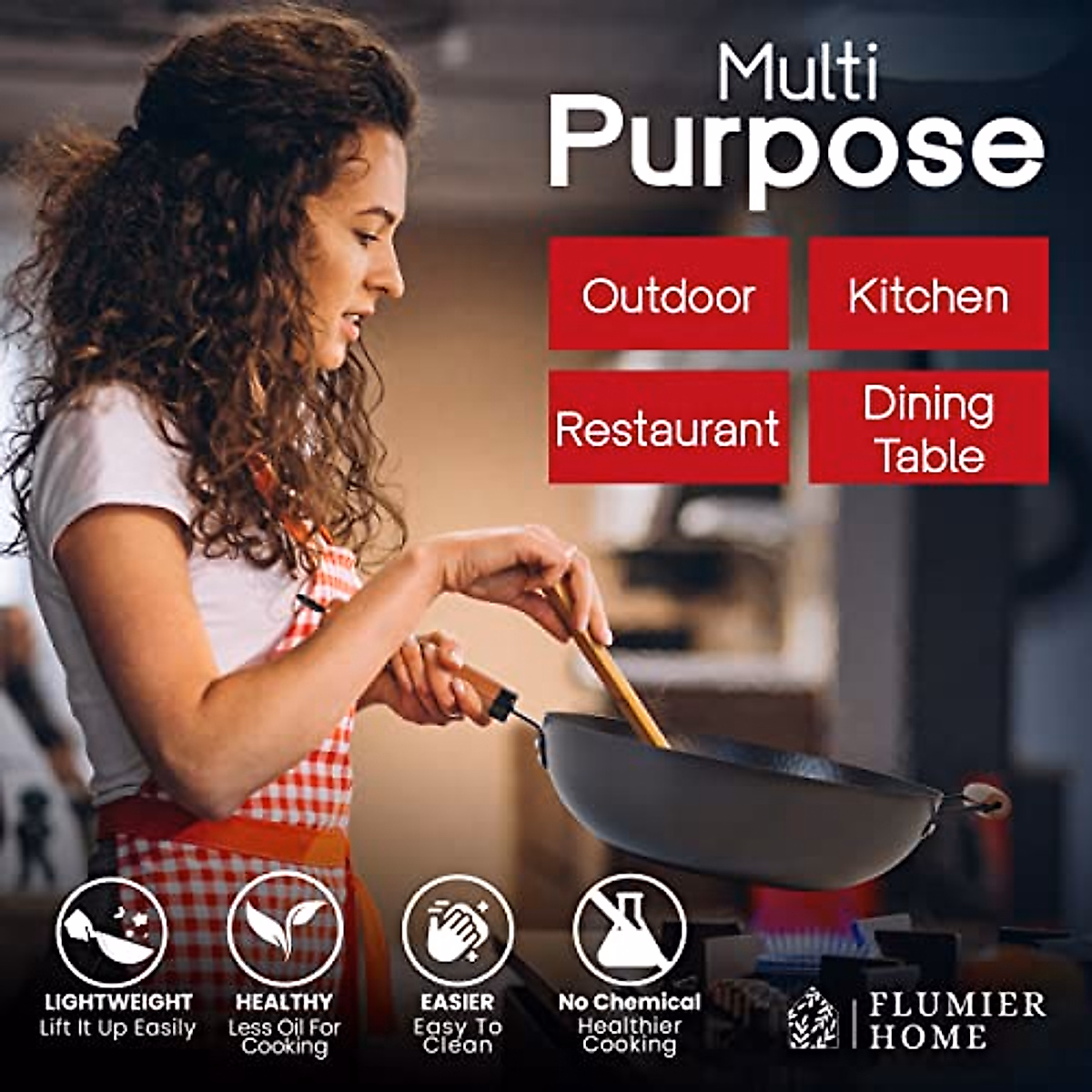 Flumier Home – Carbon Steel Wok – Flat Bottom with Detachable Handle, Bamboo Lid & Spatula – Non Stick Pan for all Type of Stoves 12.5 inch (Black)