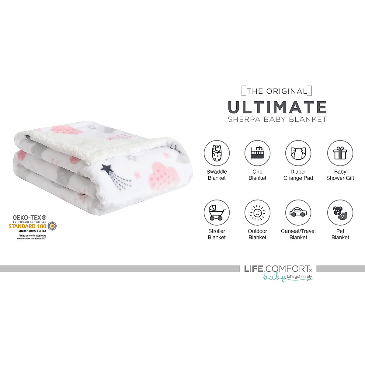Life Comfort Ultimate Sherpa Baby Blanket, Fluffy Pink and Grey Cloud and Moon Premium Blanket for Baby Girl, Soft Warm Cozy Toddler, Infant or Newborn Blanket for Crib, Stroller, Travel, Nursery