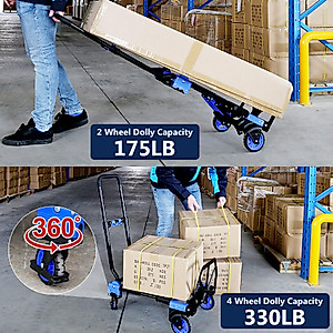 Folding Hand Truck and Dolly Cart Heavy Duty 330lb Load Carrying Portable 2 in 1 Convertible Hand Truck with 4 Rubber Wheels 2 Bungee Cords for Traveling,Office Use,Travel (Hand Truck with Basket)