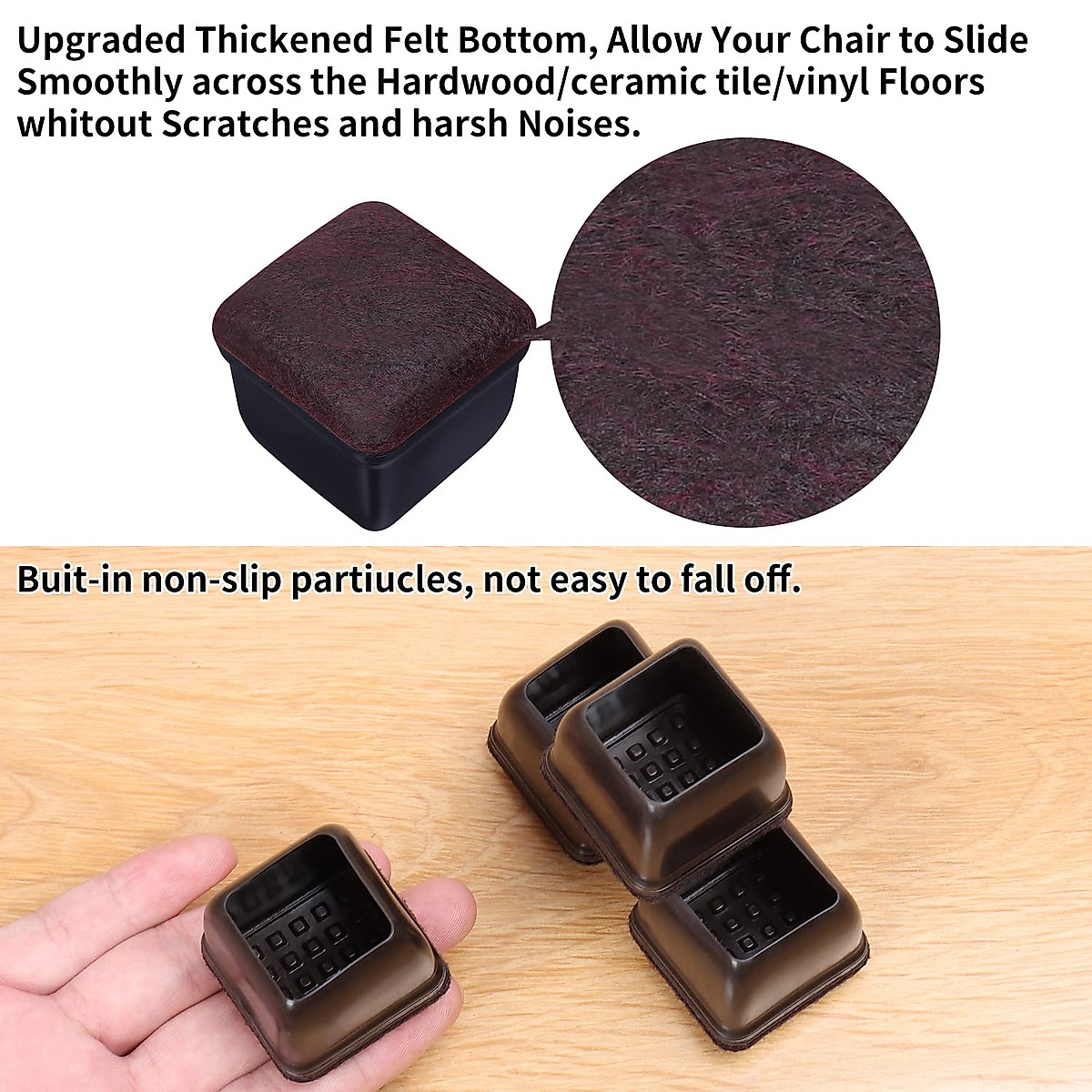 Ezprotekt 24 Pcs Square Chair Leg Floor Protectors with Felt, Silicone Felt Furniture Pads for Hardwood Floor, Dining Table Leg Caps Covers No Scratches and Noise (L Fit: 1-1/10" to 1-3/10", Black)