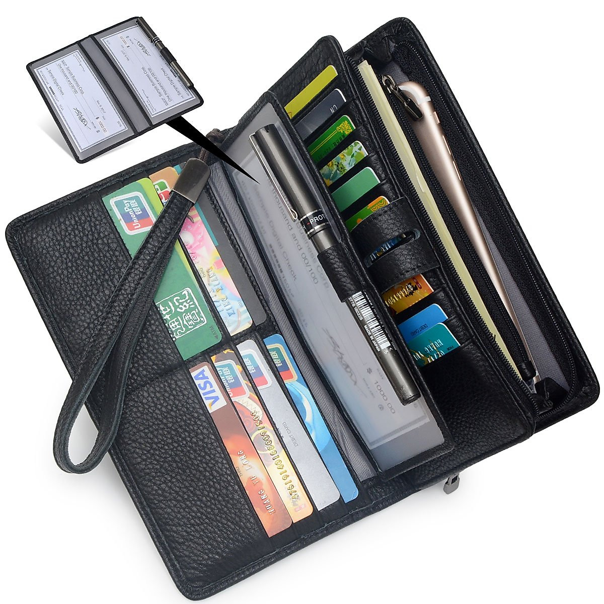 Bveyzi Women's Big Fat Rfid Leather Wristlet Wallet Organizer Large Phone Checkbook Holder with Zipper Pocket (Dark Green)
