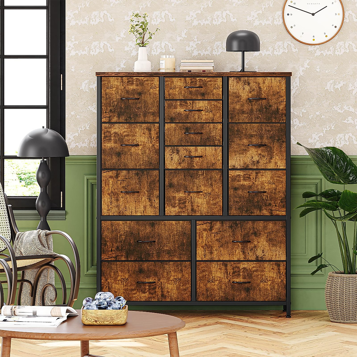 Patikuin Dresser for Bedroom with 15 Drawers, Tall Dresser & Chests of Drawers, Fabric Storage Dresser for Closet, Hallway, Living Room, Rustic Brown