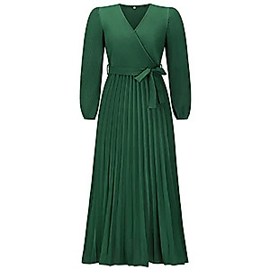 Women's Elegant Wrap V Neck Lantern Sleeve Belted Pleated Flowy Maxi Long Dress Wedding Guest Dress