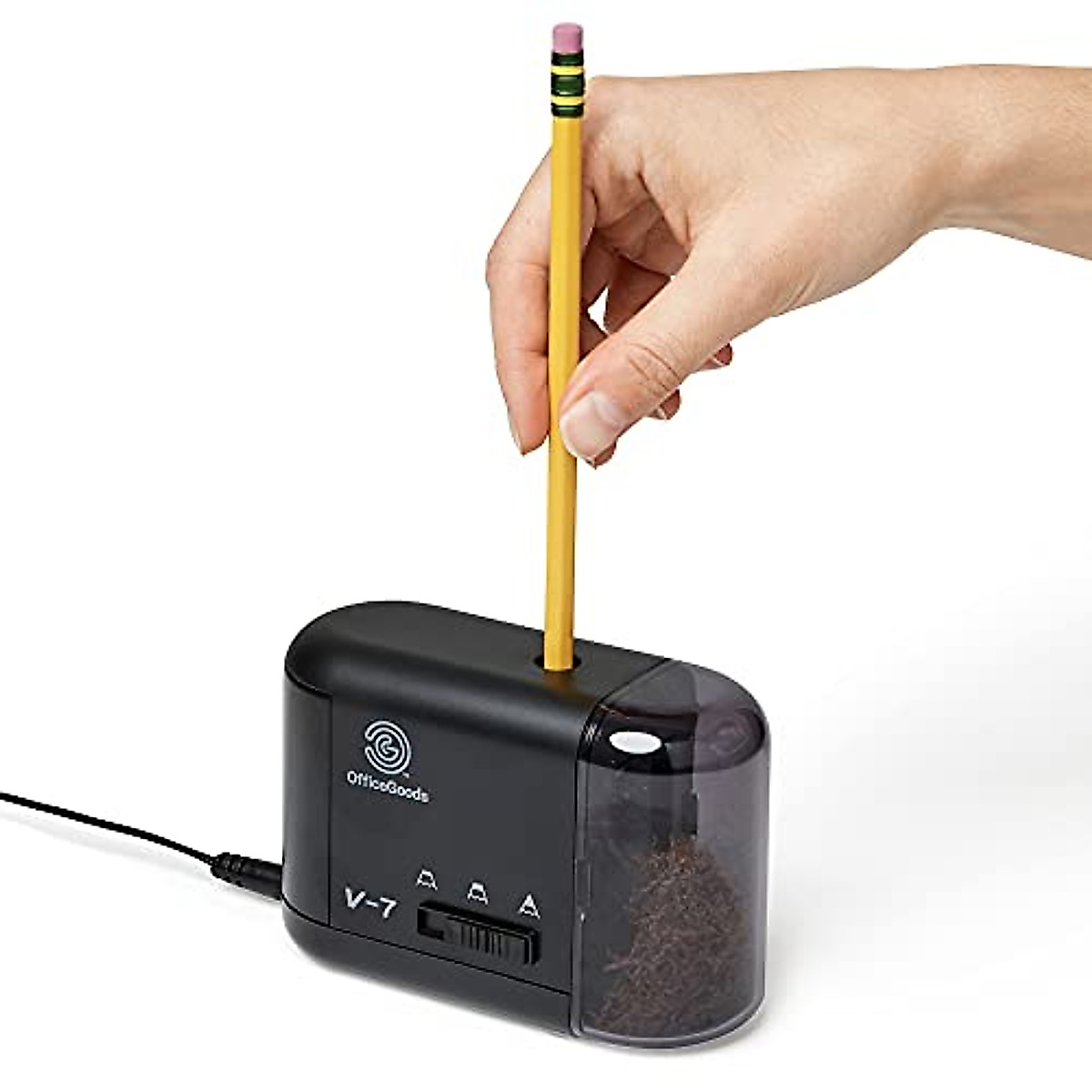OfficeGoods Electric Pencil Sharpener - Battery or Cord Powered Portable Sharpener - Perfectly Sharpens Colored Pencils, Drafting Pencils for Artists, Office, School & Home - Black