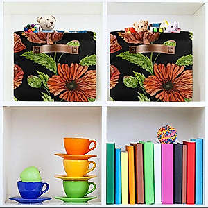 Red Poppy Square Storage Basket Flowers Black Storage Bins Canvas Toys Box Closet Shelf Decorative Organizer Bag with Handles for Bedroom Home Office, 1 Pc