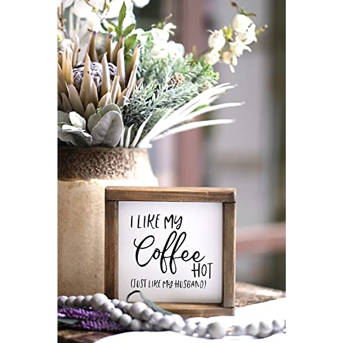 Lavender Inspired I Like My Coffee Hot, Just Like My Husband-Funny Coffee Signs for Kitchen Decor-Farmhouse Coffee Bar Decor Signs -Tiered Tray Signs-Rustic Coffee Sign with Funny Quote-, 7x7
