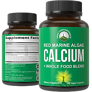 Plant Based Calcium - Red Marine Algae Calcium Supplement with Vitamin C, D3, K, Magnesium, and Whole Food Vegetable Blend. Vegan Capsules for Bones and Joints. 120 Calcium Pills, Tablets
