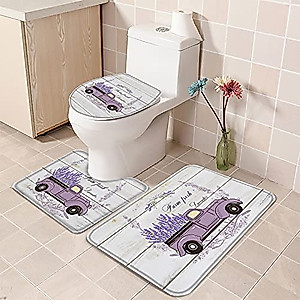 Lavender 3 Piece Bath Rugs Sets Truck with Lavender Non Slip Bathroom Carpet Farm Fresh Flower Farmhouse Purple Floral Wood Absorbent U-Shaped Toilet Mat, Toilet Lid Cover