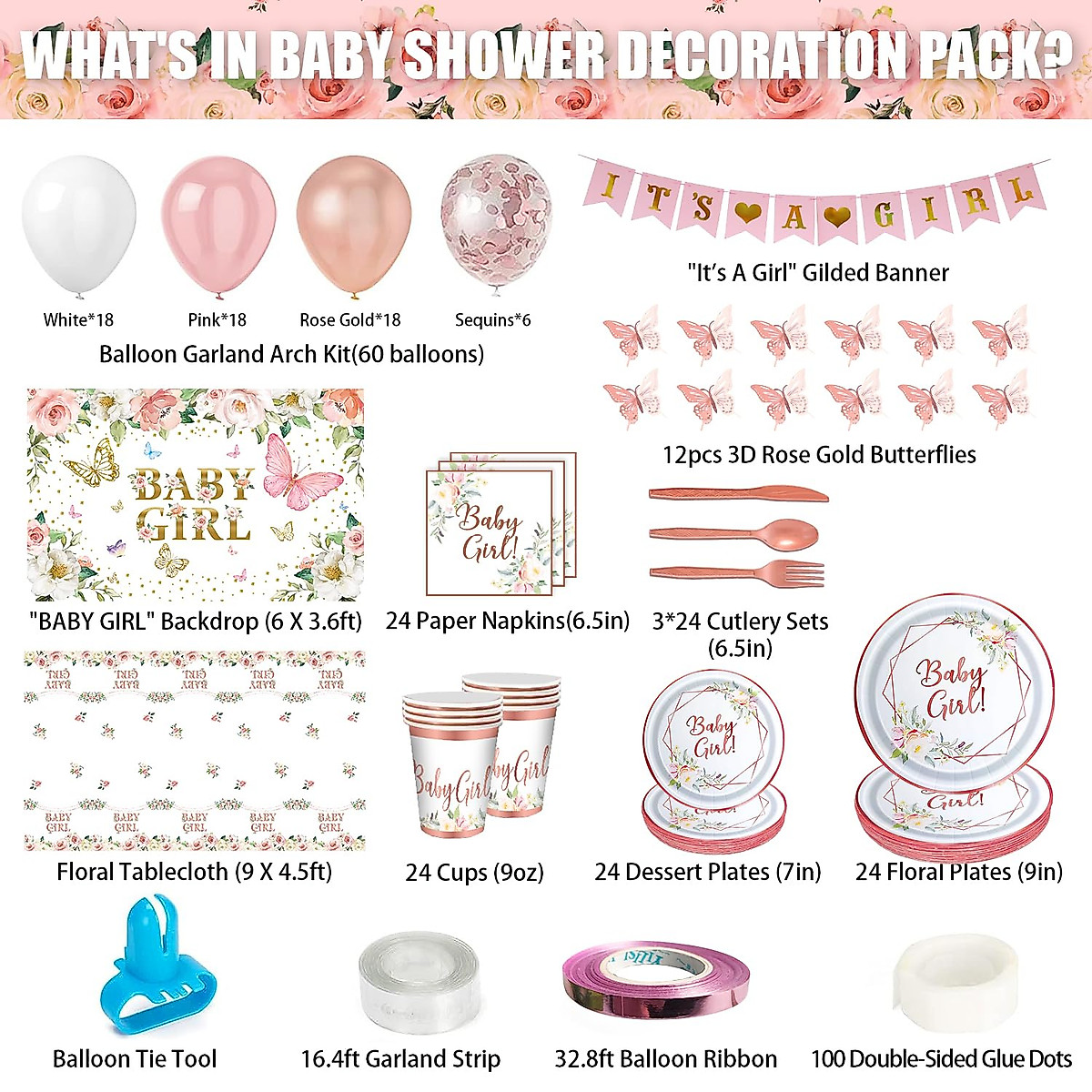 Baby Shower Decorations for Girl, 247PCS Floral Girl Baby Shower Decorations Party Supplies with Background, Disposable Tableware (24 Guests), "It's A Girl" Banner, Butterfly Balloon Kit &Tablecloth