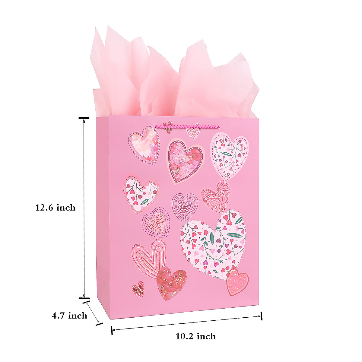 12.6" Large Gift Bag with Tissue Paper, Gift Bag with Love Design for Valentine’s Day, Mother’s Day, Anniversary, Sweetest Day and More. (Scattered Hearts)